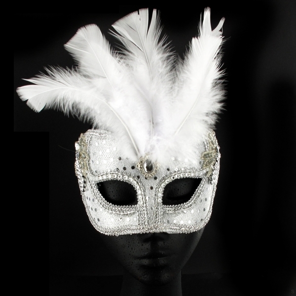 Silver & White Feather Masquerade Mask With Sequin Flower Pk 1